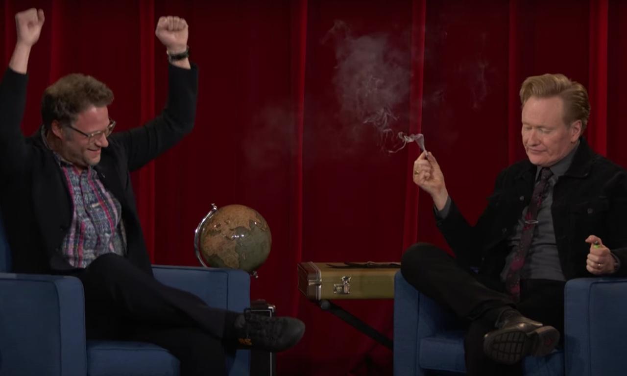 Watch as Seth Rogen gives Conan O'Brien a hit of his joint live in studio